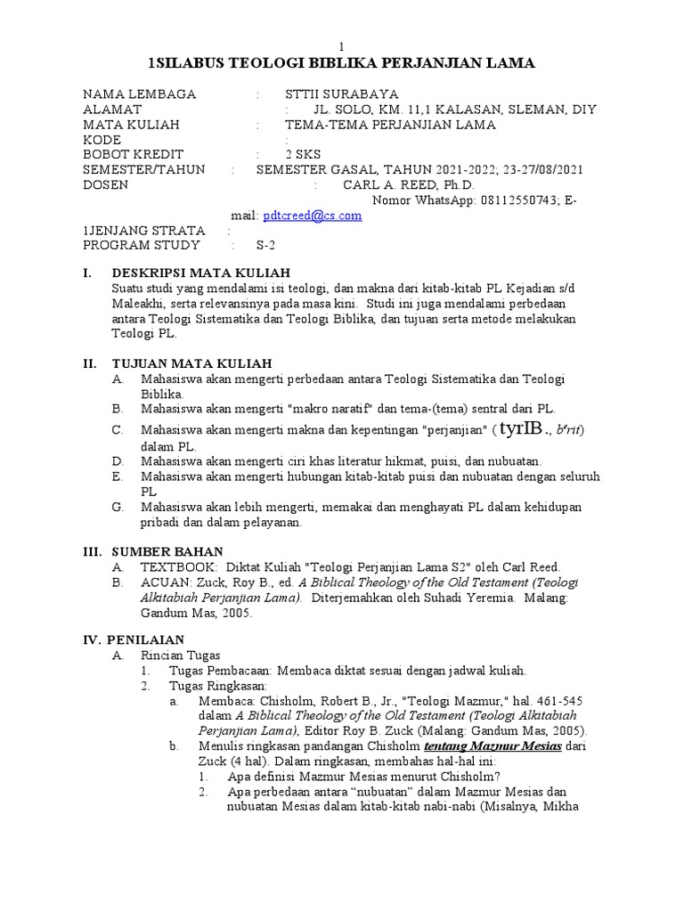 Silabus Teologi Pl S2 Carl Reed Surabaya 23 27 Agustus 2021 Pdf