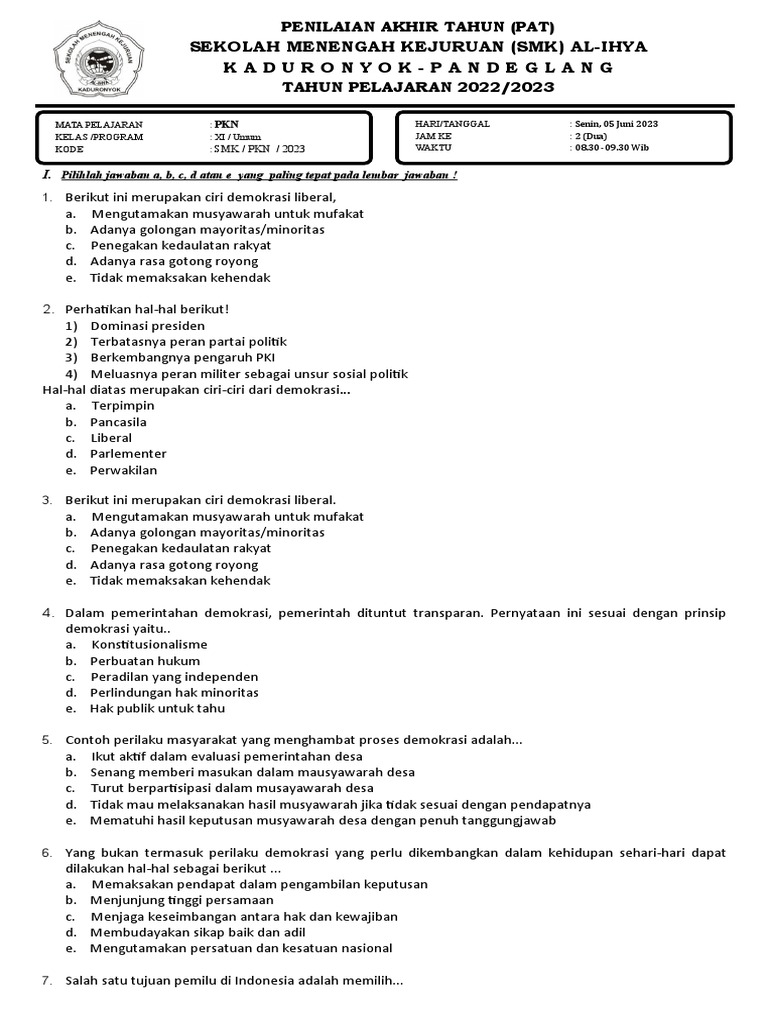 Soal PAT PKN Kelas XI Tahun 2023 | PDF | Politik