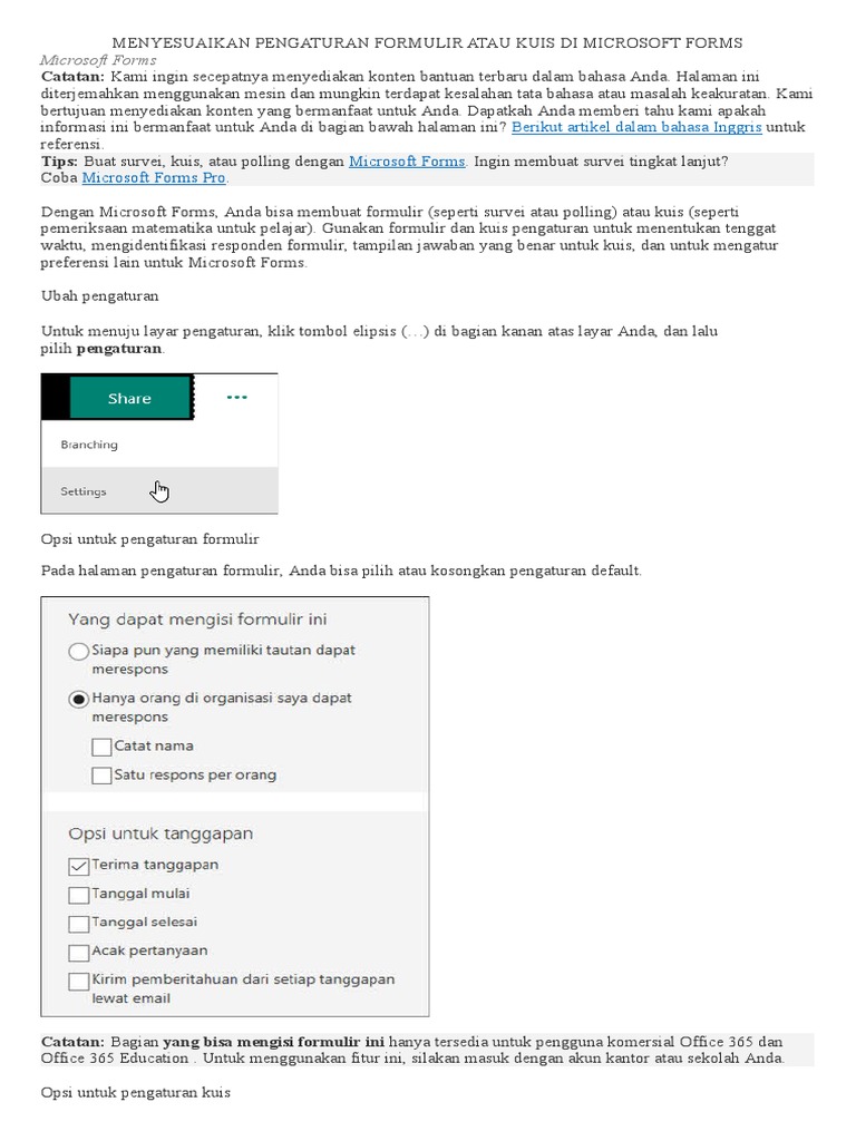 Menyesuaikan Pengaturan Formulir Atau Kuis Di Microsoft Forms | PDF