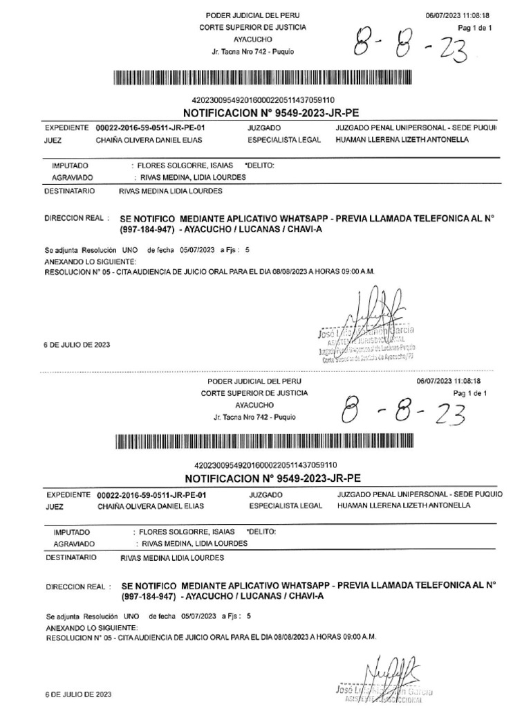 Cédula 9549-2023 - Exp. 22-2016-59 | PDF