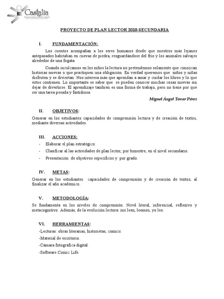PROYECTO DE INNOVACIÓN PLAN LECTOR Secundaria 2010 | PDF