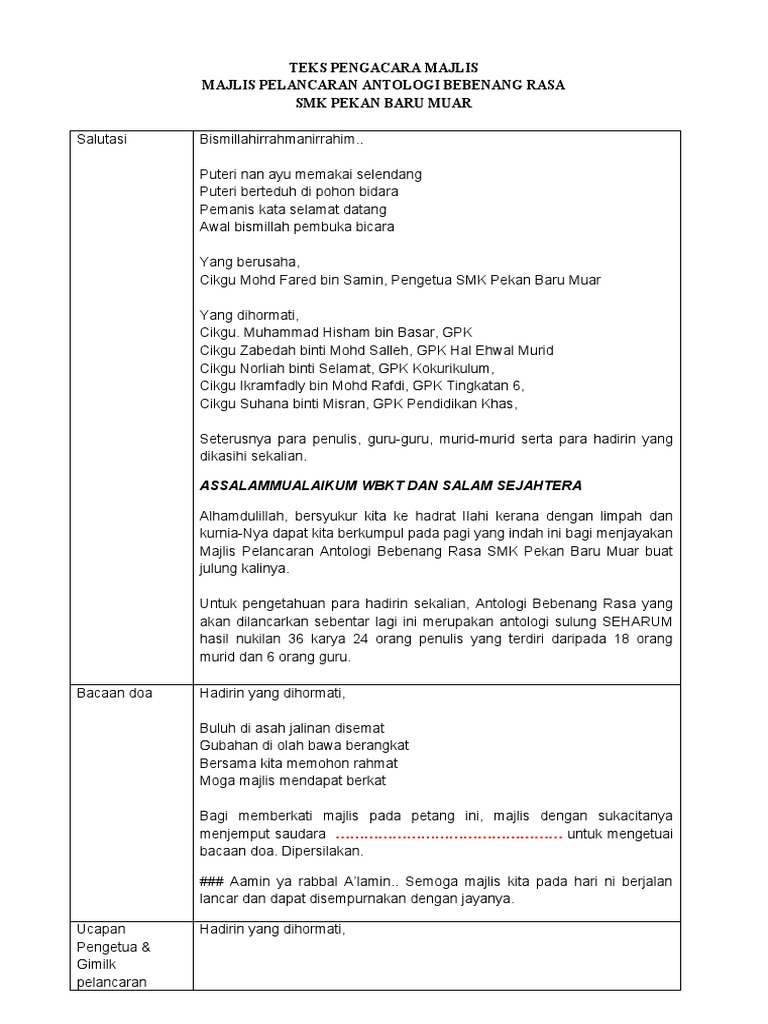 Teks Majlis Pelancaran Bebenang Rasa | PDF
