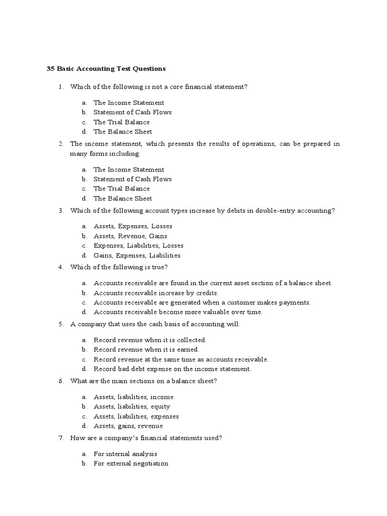 35 Basic Accounting Test Questions Pdf Debits And Credits Balance