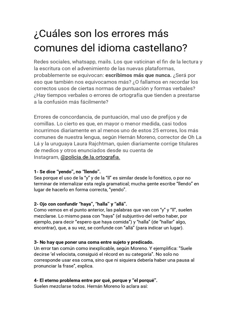 Cuales Son Los Errores Mas Comunes Del Idioma Castellano | PDF ...