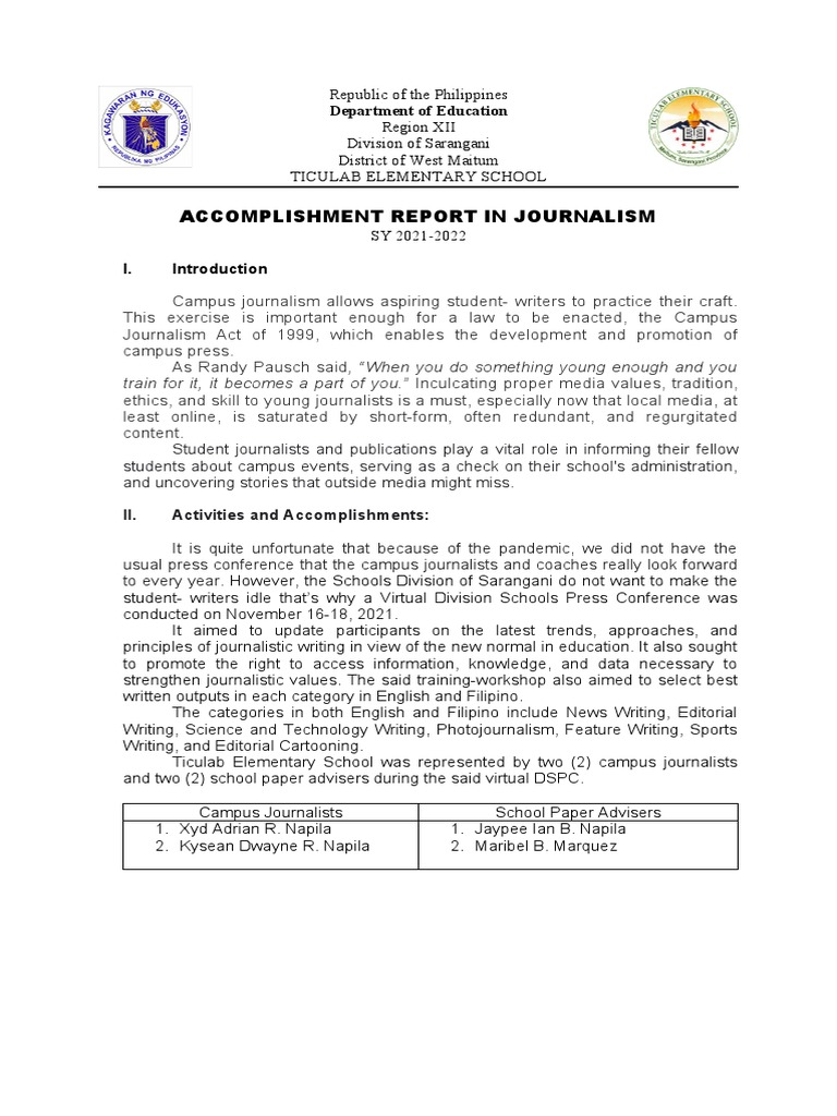 Journalism Accomplishment Report 2021-2022 | PDF | Journalism ...