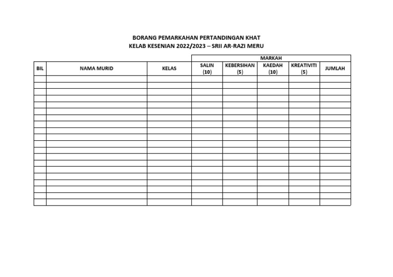 Borang Pemarkahan Pertandingan Khat | PDF