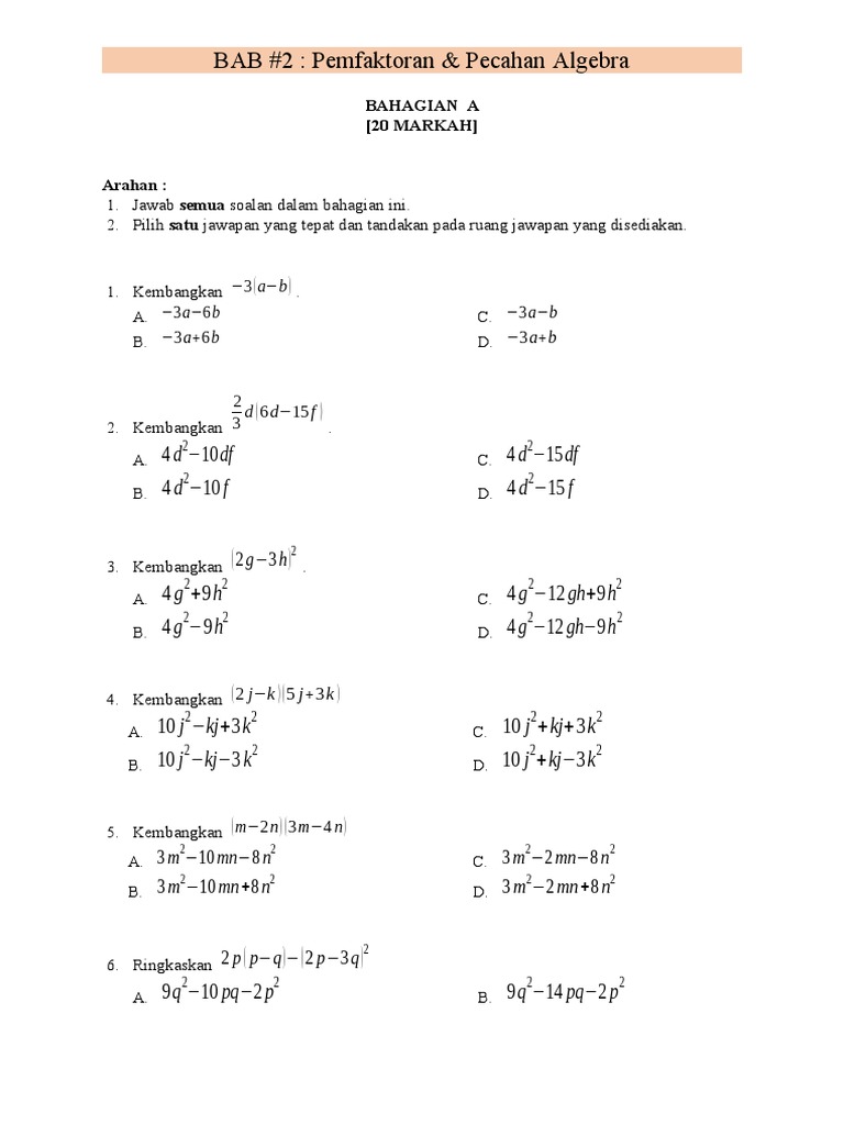 BAB 2 Pemfaktoran & Pecahan Algebra | PDF