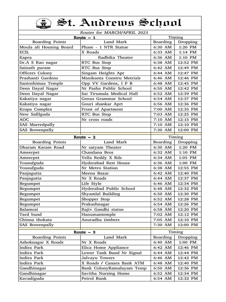 School Bus Routes - March-April 2023 | PDF