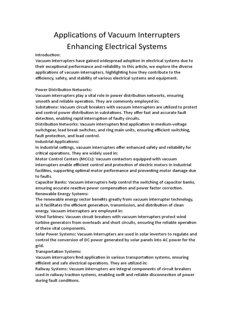Applications of Vacuum Interrupters Enhancing Electrical Systems ...