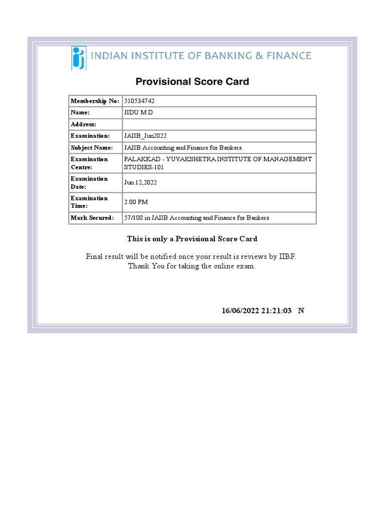 JAIIB Exam Provisional Score Card | PDF | Finance & Money Management