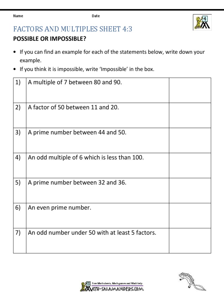 Factors And Multiples Worksheet With Answers