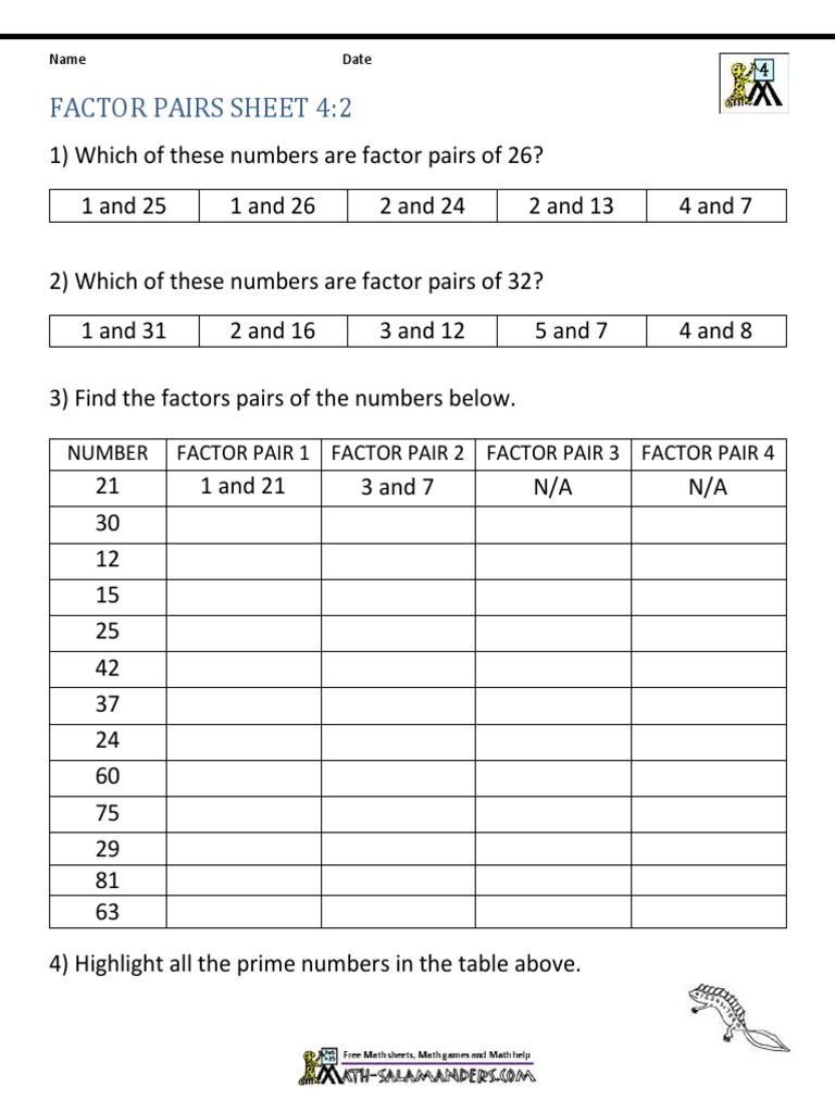 Factor Pairs Worksheet 4 2 | PDF | Science & Mathematics | Technology ...