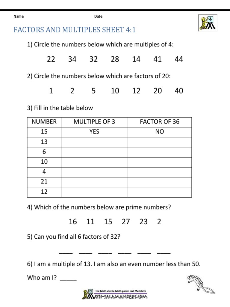 Factors and Multiples Worksheet for Grade 4 | PDF | Teaching Methods ...