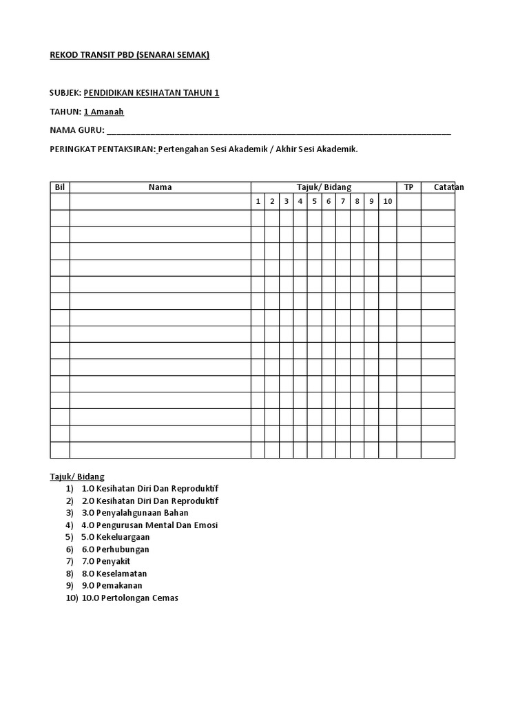 7. Rekod Transit Pbd Pk Thn 1 (Senarai Semak) | PDF