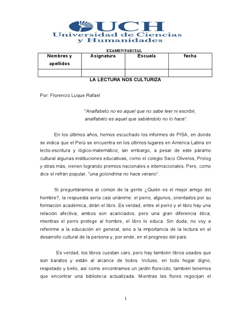 Examen Parcial Uch | PDF | Comprensión lectora
