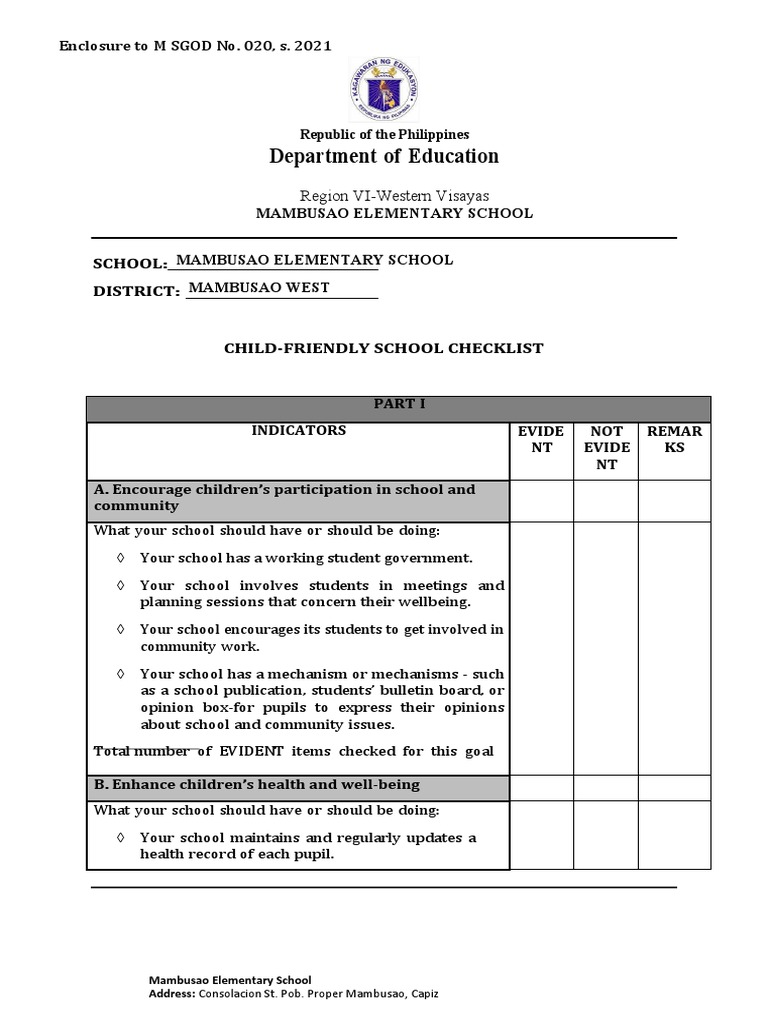 Enclosure To DM SGOD No. 020 S. 2021 Child Friendly School Checklist | PDF | Teachers | Schools