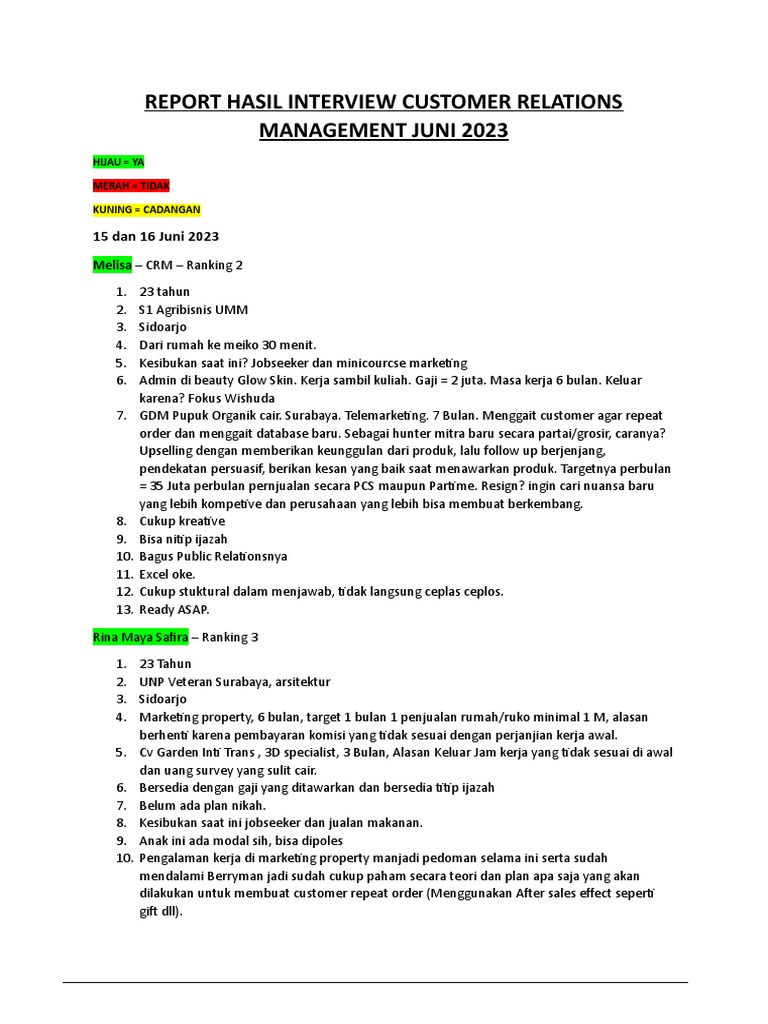 Hasil Wawancara CRM Juni 2023 | PDF