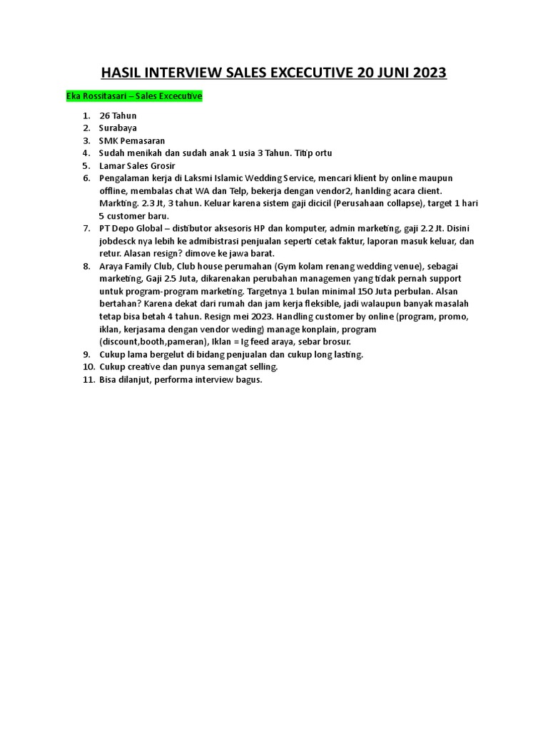 Hasil Interview Sales Excecutive 20 Juni 2023 | PDF