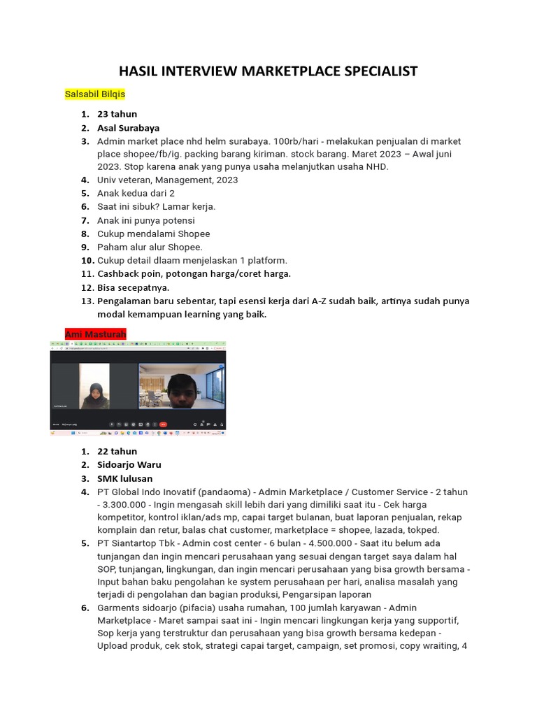 Hasil Interview Marketplace Specialist 26 Juni 2023 | PDF