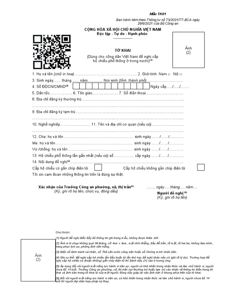 To Khai Cap Ho Chieu Mau TK01 | PDF