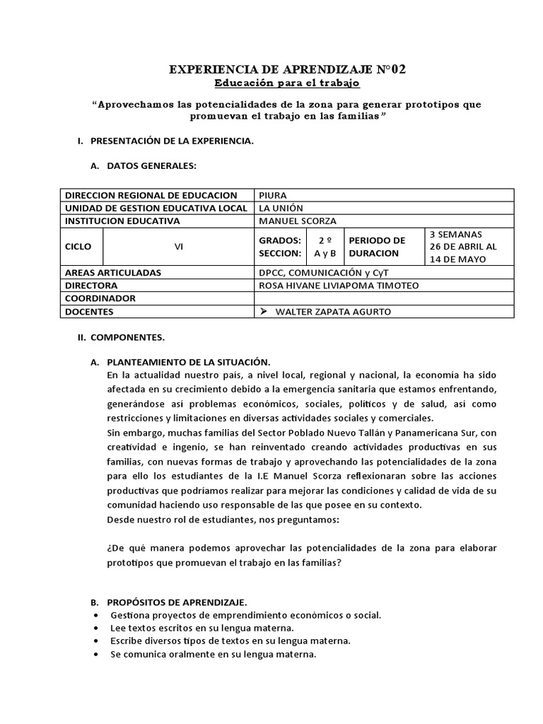 EXPERIENCIA DE APRENDIZAJE 2_EPT 2° - 2021 | PDF | Iniciativa empresarial | Evaluación
