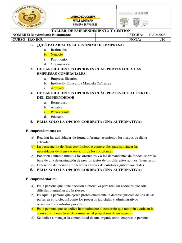 TALLER DE EMPRENDIMIENTO Y GESTIÓN 1ro BGU | PDF | Iniciativa empresarial | Contabilidad