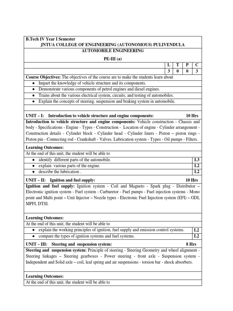 Automobile Engineering Course Syllabus | PDF | Fuel Injection ...