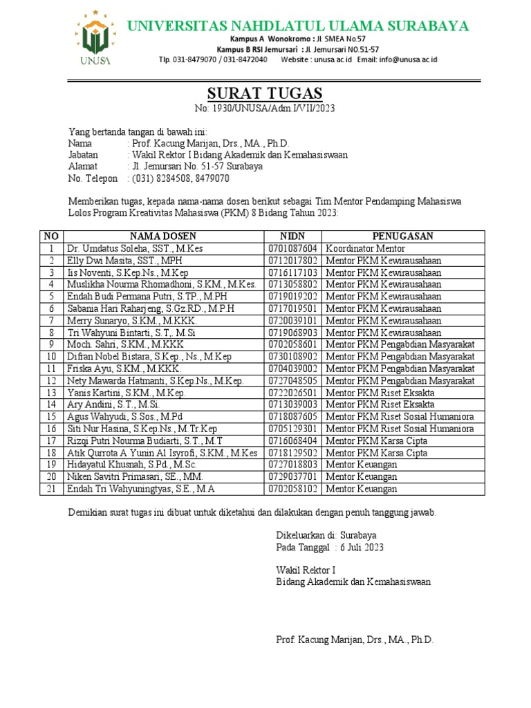 Surat Tugas Mentor Internal PKM 2023 | PDF