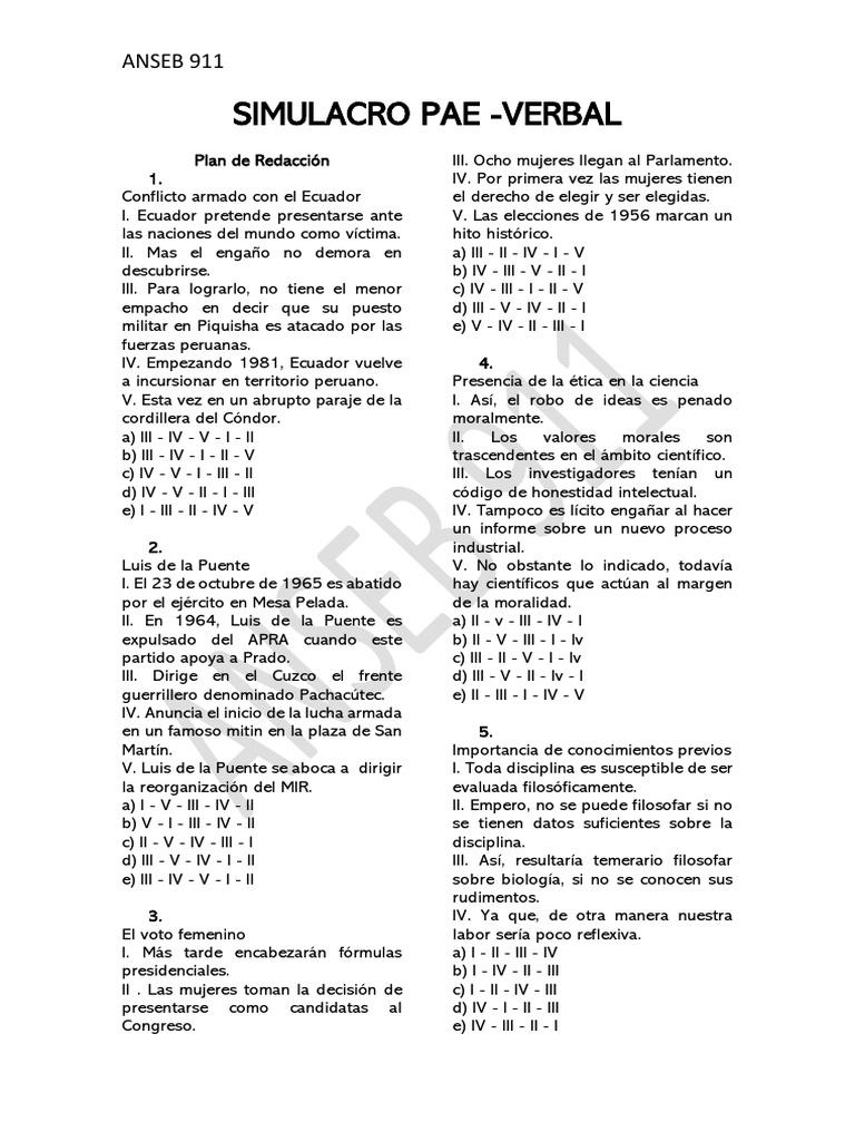 Simulacro Pae Verbal 05 | PDF