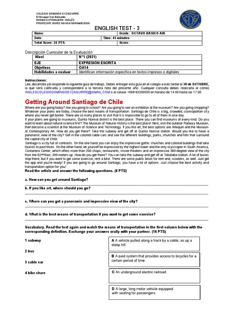 Inglés 8° Básico | PDF | Santiago | Vehicles