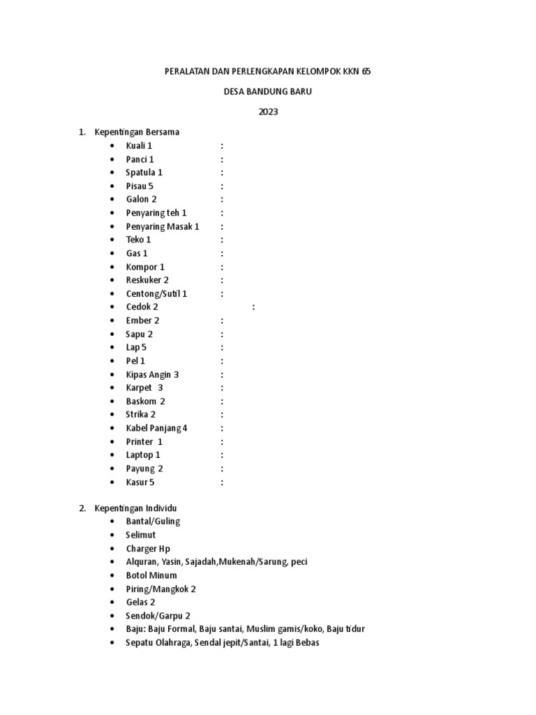 Peralatan Dan Perlengkapan Kelompok KKN 65 | PDF