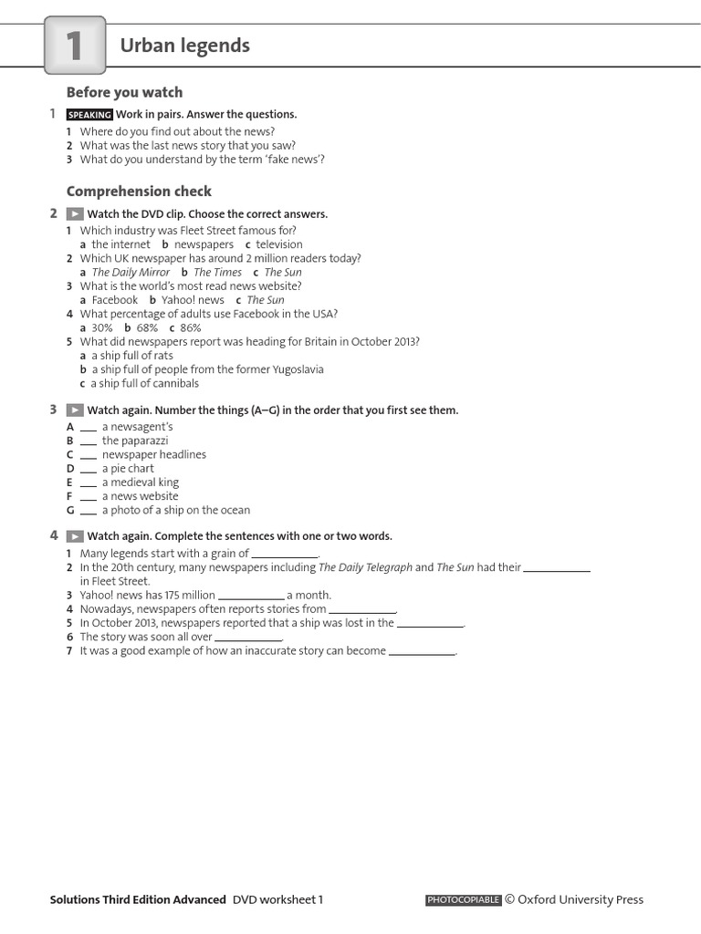 Solutions Advanced 3rd DVD Worksheets | PDF