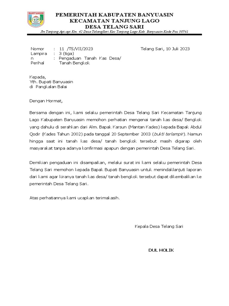 Pengaduan Tanah Bengkok Desa Telang Sari | PDF