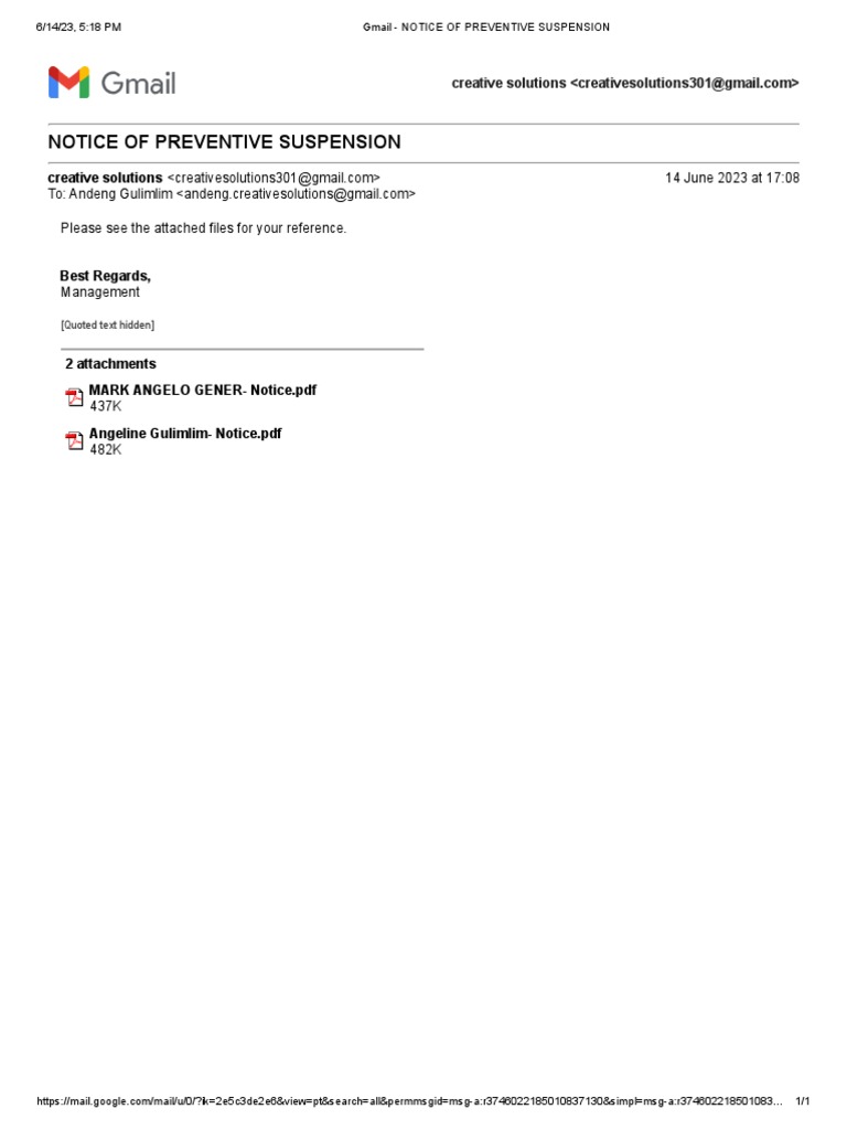 Gmail - Notice of Preventive Suspension Angeline and Mark | PDF Gmail - Notice of Preventive Suspension Angeline and Mark | PDF