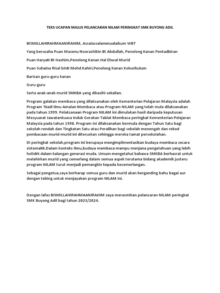 Teks Ucapan Pengetua Majlis Pelancaran Nilam Peringkat SMK Buyong Adil ...