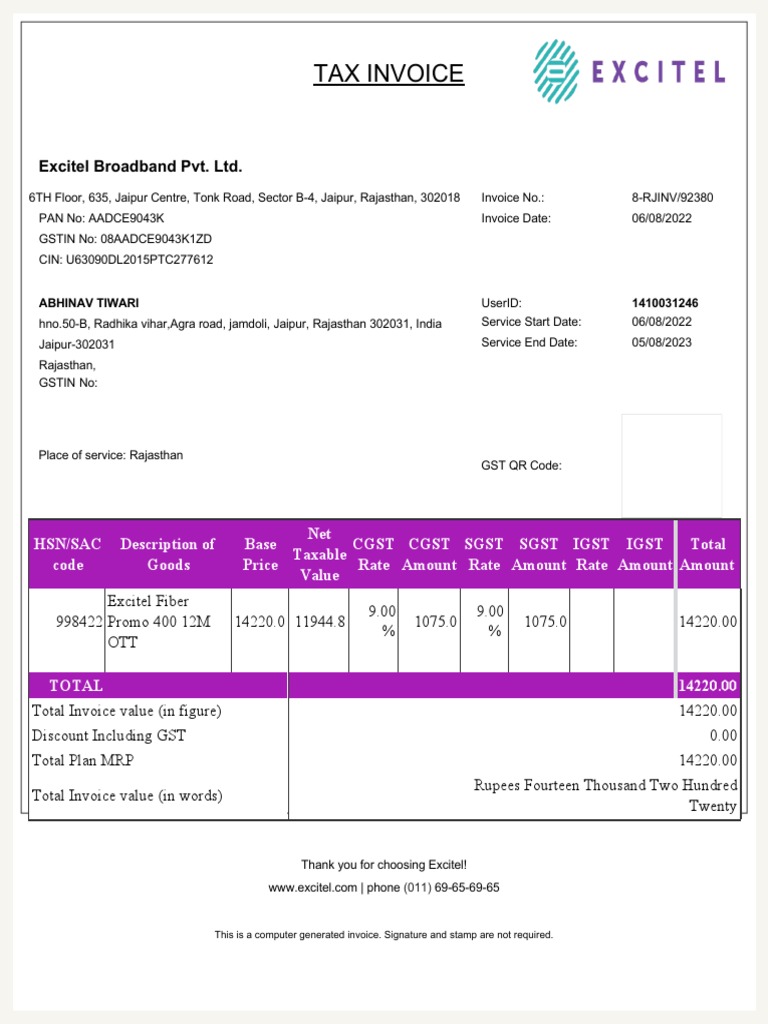 Bill 10835410 Excitel | PDF | Taxes | Public Finance