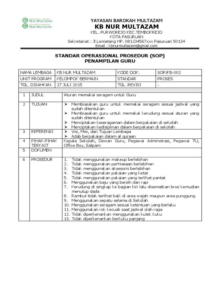 SOP Penampilan Guru TK PAUD RA KB | PDF