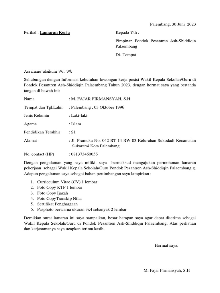 Surat Lamaran M. Fajar Firmansyah, S. H | PDF