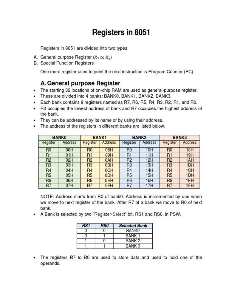 Overview of 8051 Microcontroller Registers | PDF | Arithmetic ...
