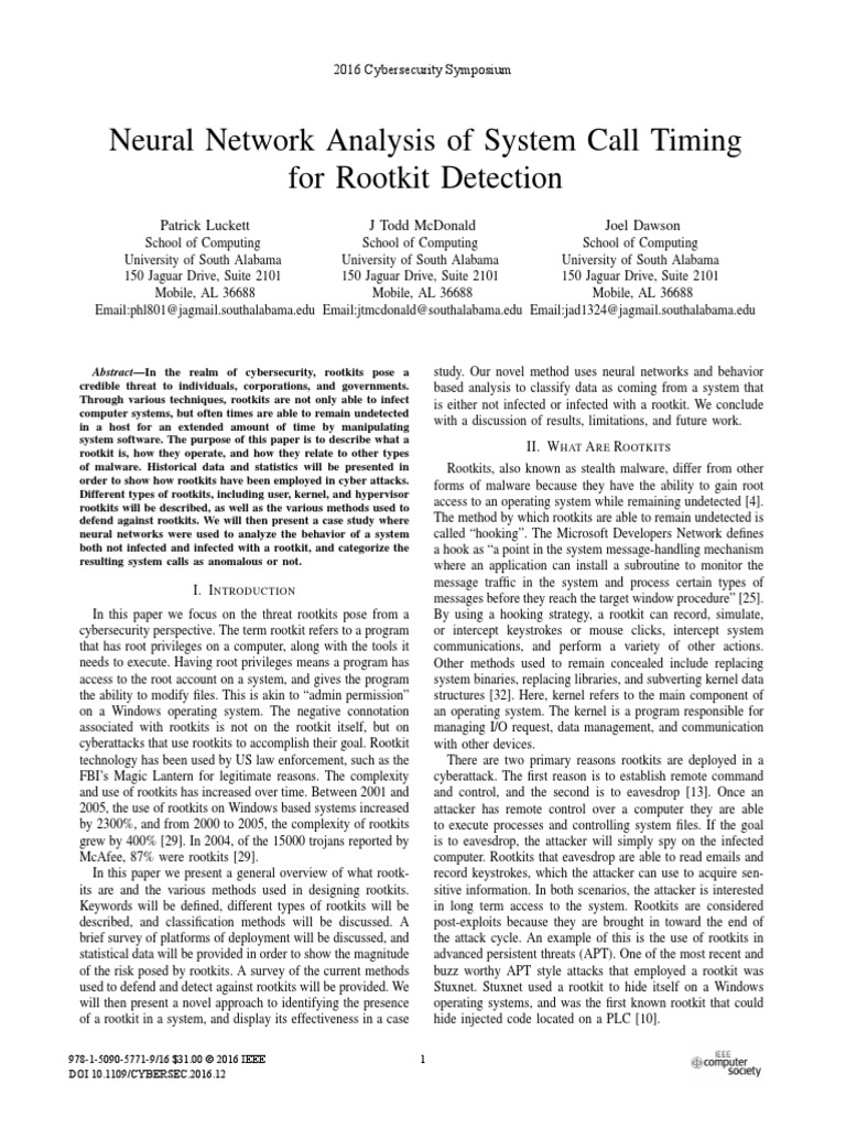 Neural Network Analysis of System Call Timing For Rootkit Detection | PDF
