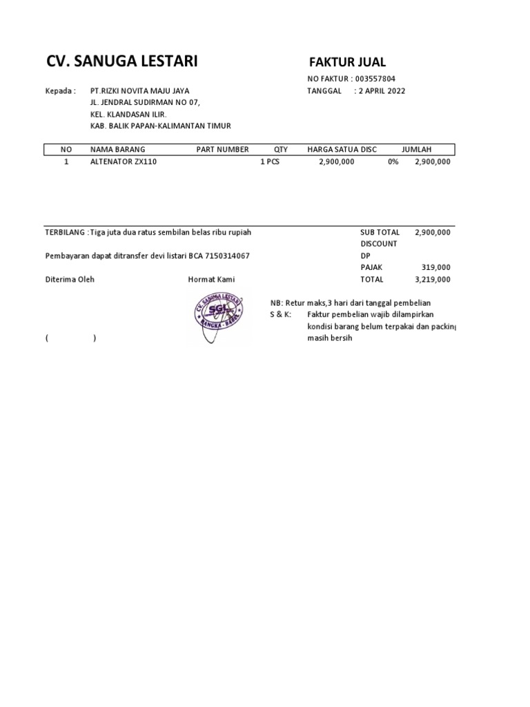 Nota Cv. Sanuga Lestari PT - Rizki 001 | PDF