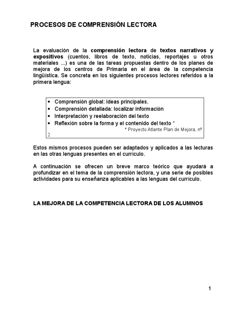 Procesos de Comprension Lectora | PDF | Lectura (proceso) | Comprensión ...