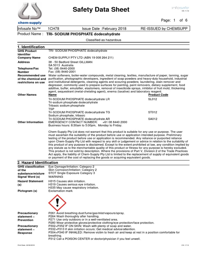 MSDS Trisodium Phosphate Dodecahydrate | PDF | Hydrogen | Water