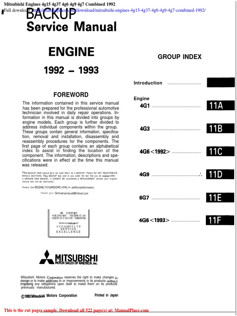 Mitsubishi Engines 4g15 4g37 4g6 4g9 4g7 Combined 1992 | PDF