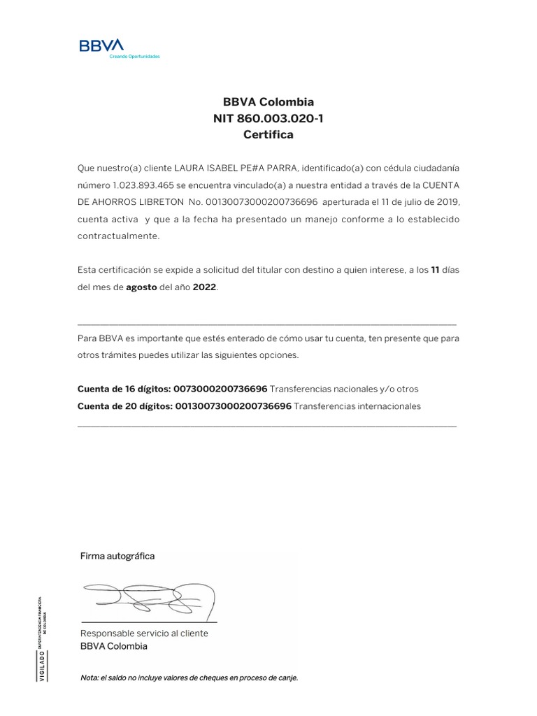 Certificado Cuenta Bbva | PDF