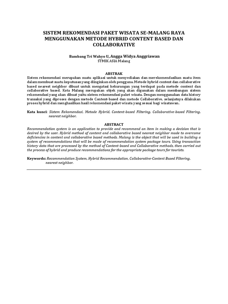 Sistem Rekomendasipaket Wisata Malang Raya Menggunakan Metode Hybrid ...