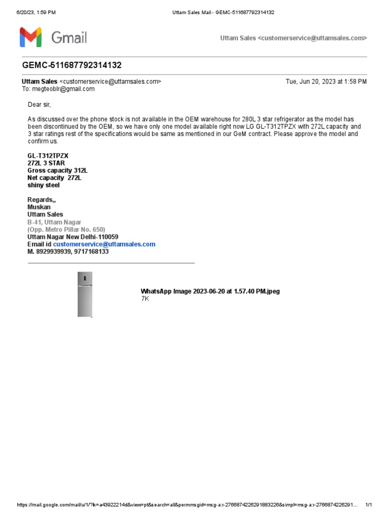 Uttam Sales Mail - GEMC-511687792314132 | PDF