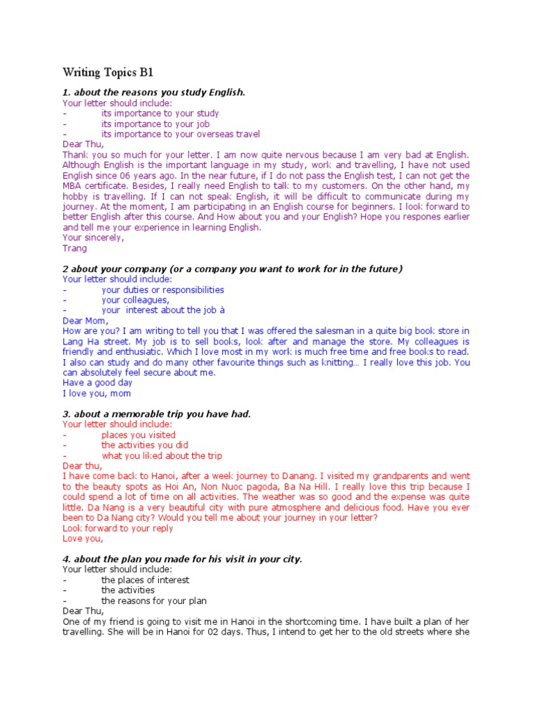 Writing Topics B1 | PDF