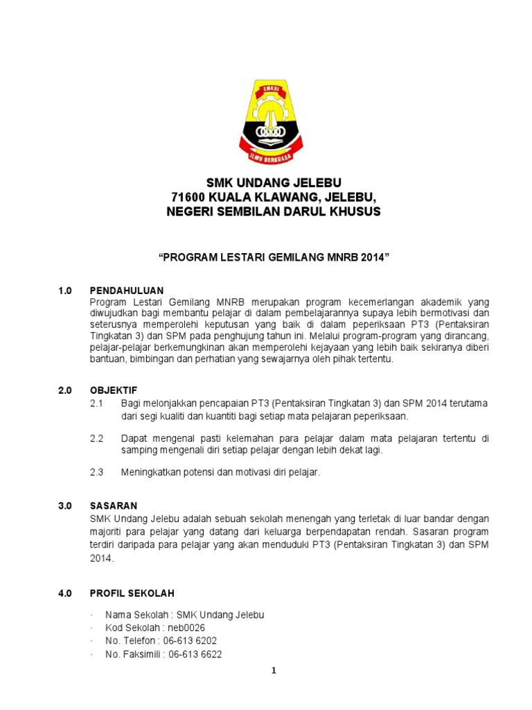 Proposal Lestari Cemerlang MNRB 2014 SMK Undang Jelabu NS FINAL | PDF