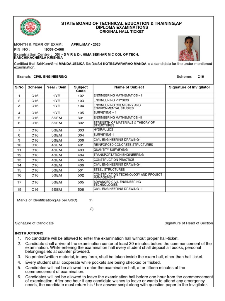 April/May 2023 Civil Engineering Hall Ticket | PDF | Physical Sciences ...